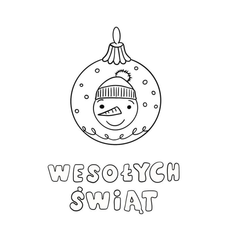 Kartka świąteczna kolorowanka - bombka z bałwankiem